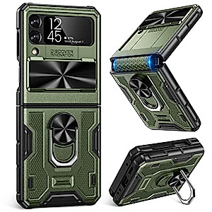 Caka for Galaxy Z Flip 3 Case, Z Flip 3 Case with Camera Cover, Hinge Protection& Kickstand with Built-in 360°Rotate Ring Stand Magnetic Protective Phone Case for Samsung Galaxy Z Flip 3 -Green