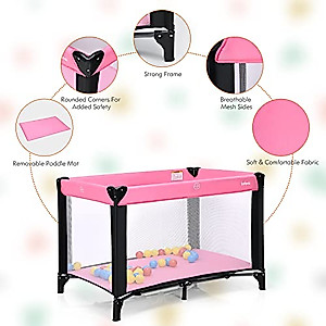 INFANS Pack and Play, Portable Playard with 50pcs Ball Pit Balls Carry Bag, Breathable Mattress, Washable Sheet Cover, Easy Folding Baby Crib Playpen Activity Center (Pink)