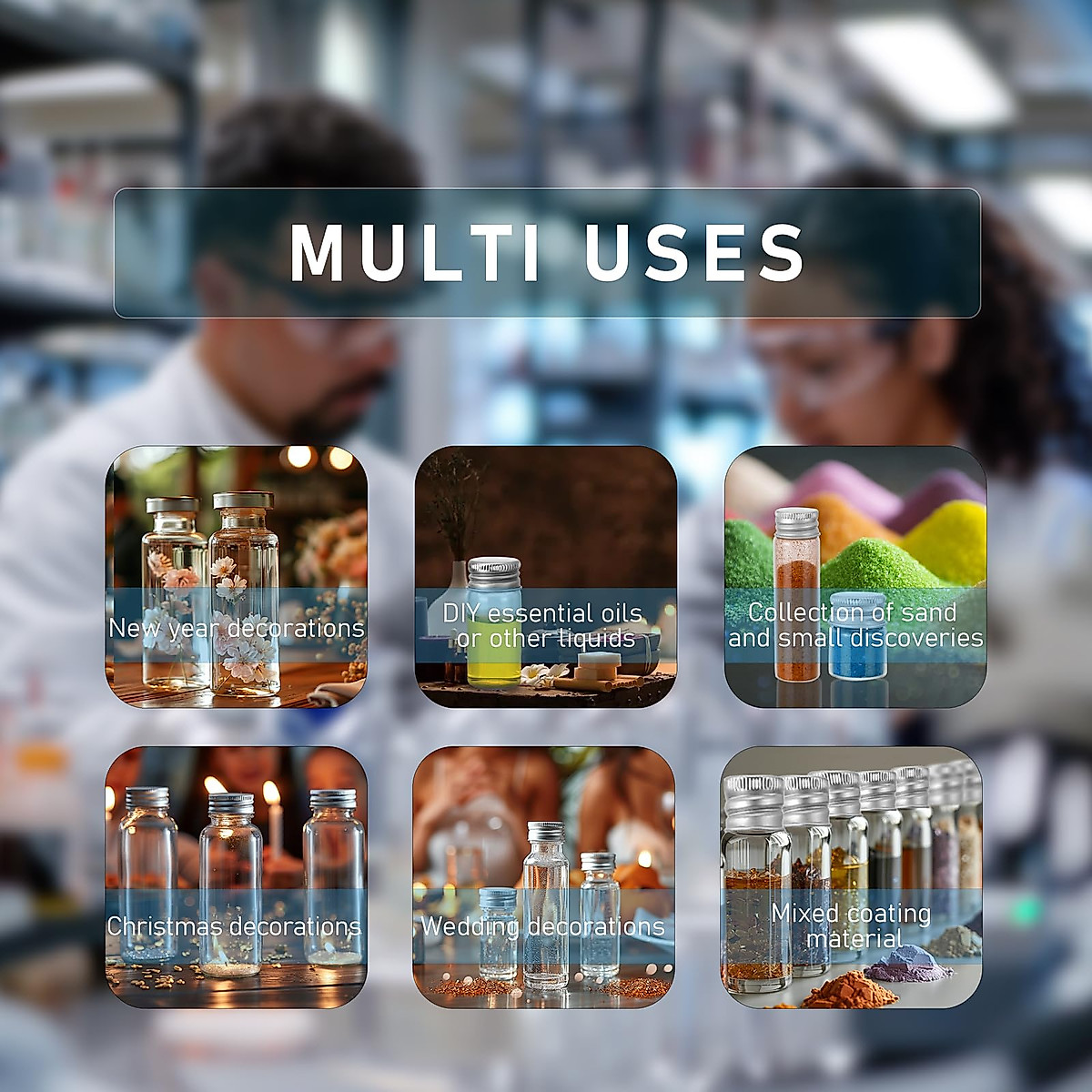 Njvial 50Pcs 10ml(1/3oz) Small Glass Vials with Lids Lab Sample Vials Empty Refillable Mini Glass Bottles with Silver Aluminum Screw Caps for DIY Crafts Essential Oils Storage Wedding Decoration