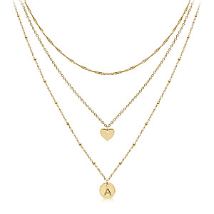 Aisansty Layered Gold Heart Initial Necklaces for Women 14K Gold Plated Handmade Dainty Tiny Heart Personalized Letter Coin Pendant Adjustable Layering Chain Choker Necklaces,A Necklace
