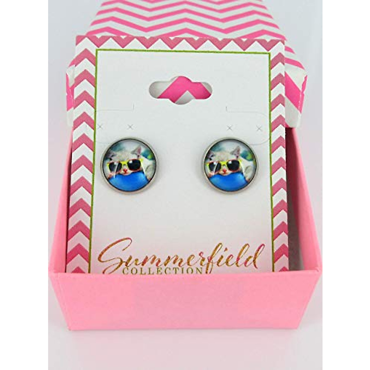 Stainless Steel Cool Cat in Sunglasses Print Glass Stud Earrings 12mm
