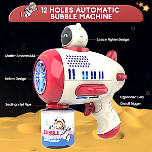 Aomola Bubble Gun Machine for Kids Toddlers 1-3, 5000+ Bubbles Per Minute with 360°Leak-Proof, Automatic Space Bubble Blower with Led Light for Birthday Party, Outdoor Gift for Boys and Girls (red)
