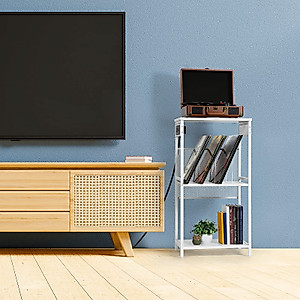 Record Player Stand, Turntable Stand with Power Outlet Side Table with Charging Station Vinyl Player Stand with Storage Record Player Table with Album Storage White for Living Room Bedroom