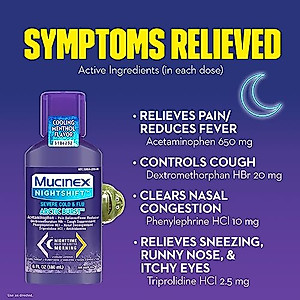Mucinex® Nightshift® Cold & Flu Clear & Cool Liquid 6 fl. oz. Relieves Fever, Sneezing, Sore Throat, Runny Nose, Nasal Congestion, and Controls Cough with a Burst of Cooling Menthol