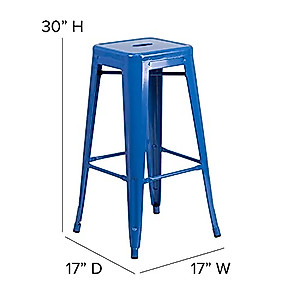 BizChair Commercial Grade 30" H Backless Blue Metal Indoor-Outdoor Barstool, Square