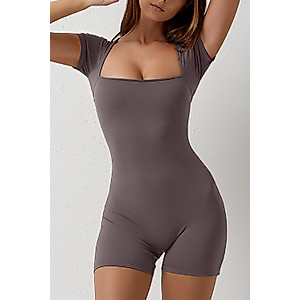QINSEN Women's Rompers Sexy One Piece Short Sleeve Tummy Control Unitard Jumpsuits Dark Grey L