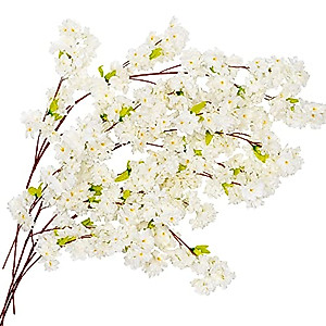 Luyue 42in Artificial Cherry Blossom White Flowers 6 Pack Silk Cherry Blossoms Branches Fake Sakura Flower Trees Decor for Wedding Decoration Home Office