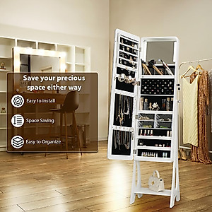 MASMIRE Standing Mirror With Jewelry Storage And Built-In Small Mirror - 63" H Lockable Full Length Mirror Jewelry Armoire, Mirror Jewelry Cabinet With 4 Drawers and Storage Shelf - White