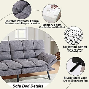 Maxspeed Futon Sofa Bed, Memory Foam Sleeper Couch, Convertible Sofa Bed with Adjustable Armrests and Backrest, Loveseat Sofa, Daybed Couch, Modern Couch for Living Room, Office, Small Space, Grey