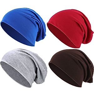 Outus 4 Pieces Thin Knit Slouchy Cap Beanies Hat Unisex Hip-Hop Sleep Cap Dwarf Hat (Dark Blue, Dark Brown, Light Gray, Red)