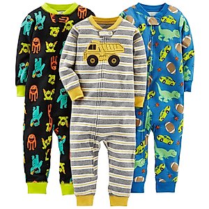 Simple Joys by Carter's Baby Boys' 3-Pack Snug Fit Footless Cotton Pajamas, Black Monster/Blue Dinosaur/Grey Stripe, 24 Months