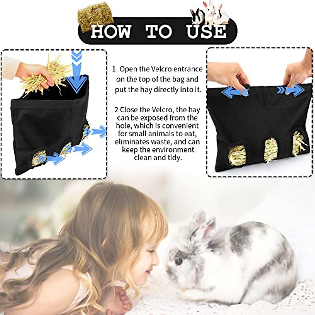 无品牌 Rabbit Hay Feeder Bag Timothy hay Dispenser Feeding Bag Small Animal hay Feeder Bag Hanging Feeder Bag for Rabbit Guinea Pig Chinchilla Hamster Small Animal hay Storage（1 Black）