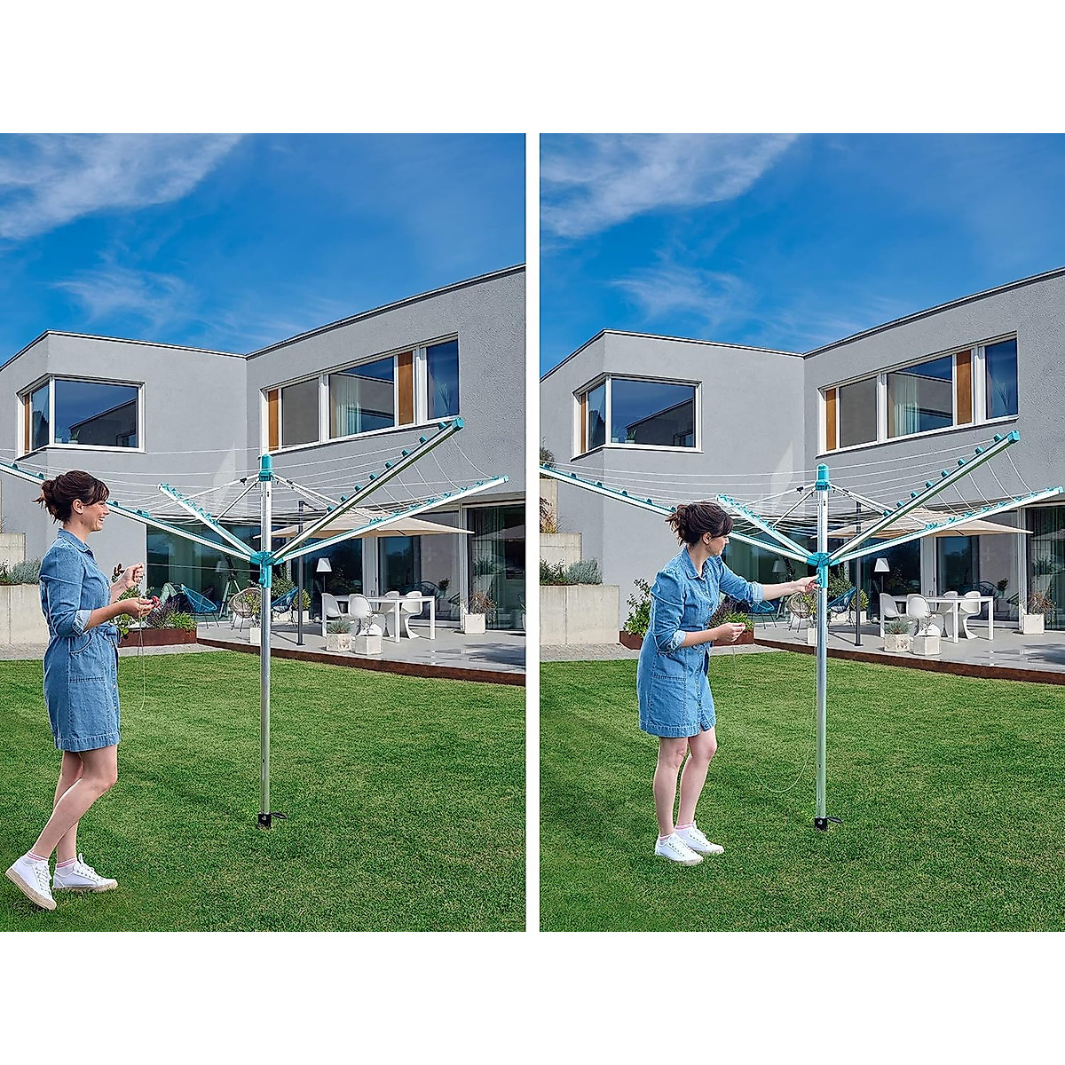 Leifheit Linomatic 500 Easy Dryer 50m Retract to Stay Clean, All Rust-Free Aluminium, 3.28m Turning Diameter, Longest Length 2.03m Pull-Open, Rotary Clothes line Airer, Turquoise, Large