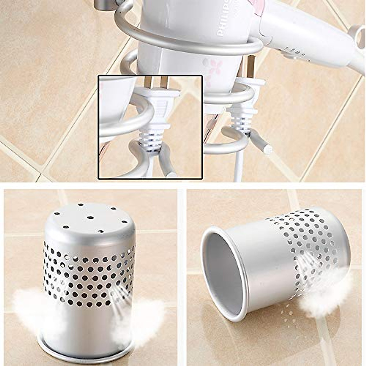 Cavoli Hair Blow Dryer Holder Wall Mounted,Space Aluminum, Nail Free Glue/ Drilling Screw, Bathroom Hanging Rack Organizer with 2 Cups