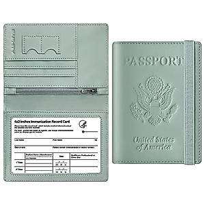 Genuine Leather Passport Holder for Women, Passport Wallet Cover with Elastic Strap and Zipper Closure, Rfid Passport Holder Fit for Immunization Record Card(Grey-White)