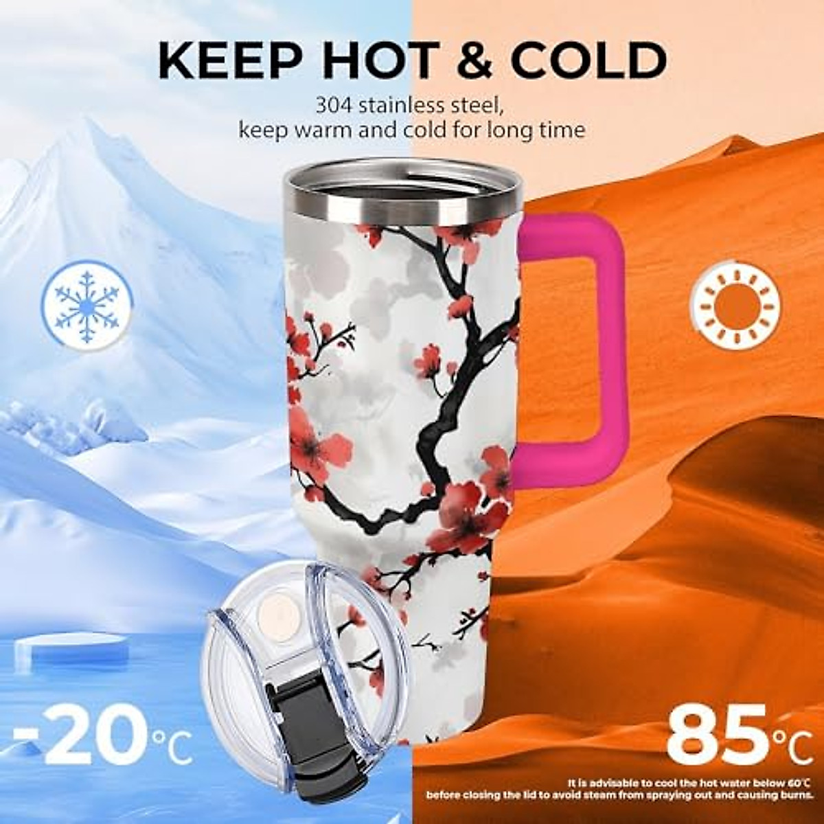 Cherry Flower 40 Oz Tumbler Insulated Stainless Steel Water Bottle Travel Mug Car Cup with Handle And Straw