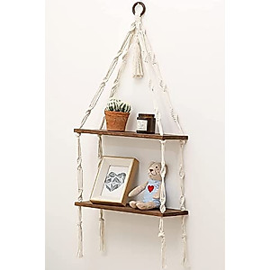 2 Tier Macrame Boho Wall Hanging Shelf, Handmade Bohemian Wooden Woven Plants Floating Shelves Decor, Decorative Chic Rope Crystal Holder Organizer for Bathroom Bedroom Kitchen Home Nursery Storage