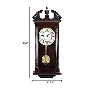 Bedford Clock Collection Classic Chiming Wall Clock with Swinging Pendulum in Cherry Oak Finish, 4.75" L x 11.75" W x 27.50" H