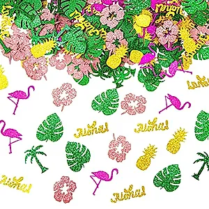 360 Tropical Hawaii Luau Confetti Flamingo Cupcake Toppers Pineapple Palm Leaves Hibiscus Flowers Confetti Table Decor for Summer Beach Party Baby Shower Wedding Aloha Party Supplies Favor
