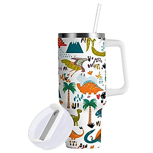 RPLIFE Cute Colorful Dinosaurs 40oz Tumbler with Handle, Stainless Steel Tumbler with Straw, Coffee Tumbler for Women