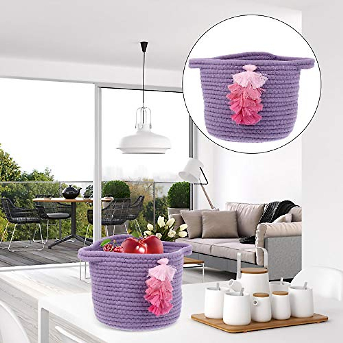 Woven Cotton Rope Nesting Bowls Small Basket Cute Closet Bins Mini Table Basket Organizer Decorative Woven Basket Storage Baskets Purple Round Woven Basket