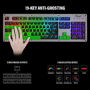 Rosewill NEON K52 Wired Waterproof Gaming Keyboard, 8 RGB Backlight Effects, 104 Keys 19 Keys Anti-Ghosting 12 Multimedia Hotkeys Aluminum Base