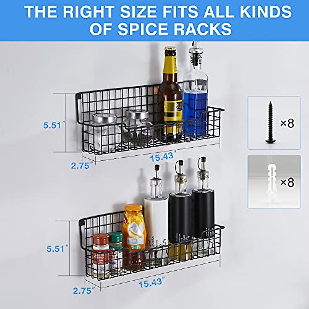 Spice Rack Wall Mount, Spice Organizer for Cabinet & Pantry Door, Set of 4 Hanging Spice Rack Saving Space for Kitchen, Black