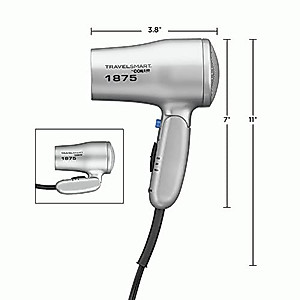 Conair 1875 Watt Compact Dual Voltage Travel Hair Dryer with Folding Handle, Grey