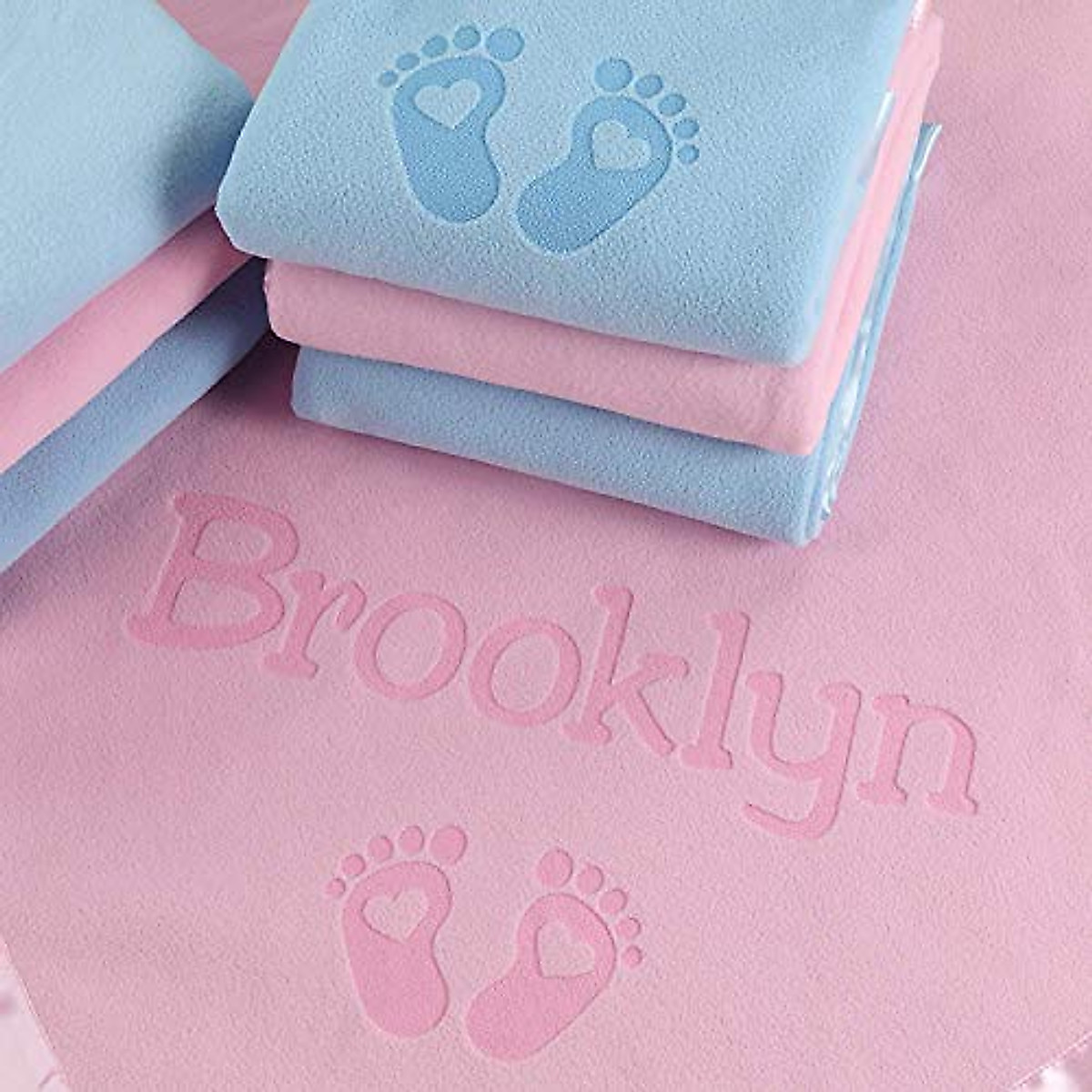 Custom Catch Personalized Newborn Gift Baby Blanket for Girl - Name with Infant Heart Feet Design - Pink or Blue (1 Line Text)