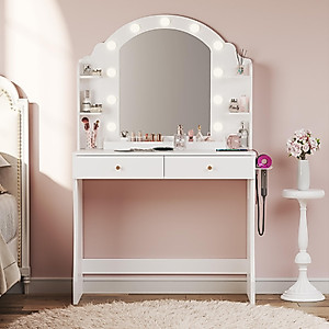 ALEXNUTRE Makeup Vanity Desk with Mirror and Lights, Vanity with Power Outlet, 3 Lighting Color Adjustable for Bedroom, Large Drawers and Storage Shelves, White