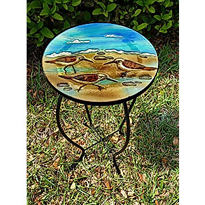 Glass Top Hand Painted Nautical Outdoor Accent Side Round Table (Sandpipper)