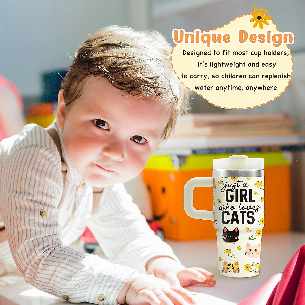 Cat Lover Gifts, 14oz Cat Tumbler With Handle for Kids, Gifts for Cat Lover Girls, Valentines Day Cat Gift for Women Girls, Cat Stainless Steel Tumblers, Just A Girls Who Lovers Cats Mug