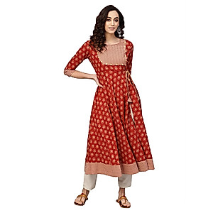 Yash Gallery Women's Cotton Slub Floral Print Angrakha Kurtis (Rustic Brown)