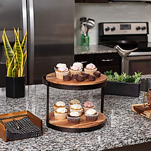 BIRDROCK HOME 2-Tier Cupcake and Cake Stand with Handle - Wood Iron Dessert Serving Tray - Rustic Farmhouse Dessert Stand - Modern Party Tiered Server - Table Kitchen Home Display - Round