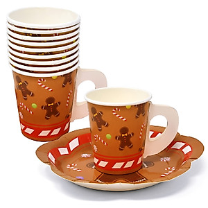Gift Boutique 24 Disposable Christmas Gingerbread Party Cup 7 Oz 24 & 7" Paper Scallop Shaped Saucer Plates Set with Handle for Tea Hot Cocoa Chocolate Coffee Mugs Holiday Xmas Table Dinnerware Suppy
