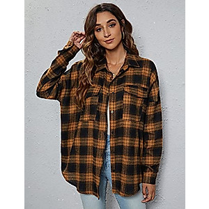 Blooming Jelly Women's Button Down Shirts Long Sleeve Collared Business Casual Tops Work Blouses V Neck Flannel T Shirts (Medium,Brown Plaid)