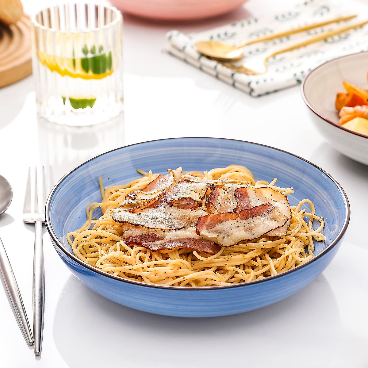 KitchenTour Large Ceramic Pasta Bowls with 8 Inch Dinner Plates Set of 6