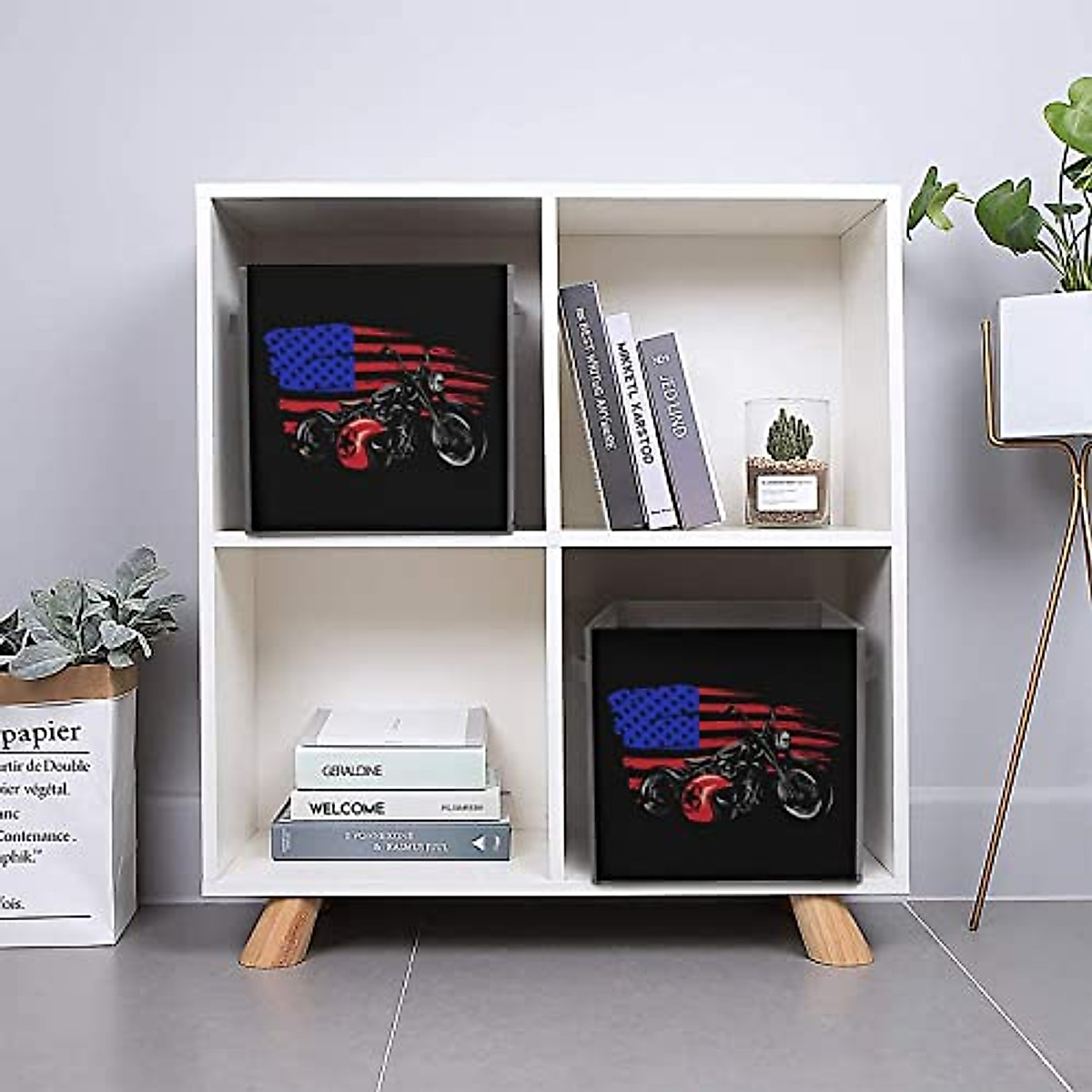 Chopper Motorcycle American Flag Storage Bin Foldable Cube Closet Organizer Square Baskets Box with Dual Handles