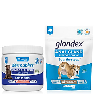 Glandex Anal Gland Support Chews 30 Ct and Dermabliss Omega & Skin Supplement for Dogs 60 Ct Bundle| Peanut Butter, Savory Salmon, Probiotic for Dogs, Itch Relief for Dogs
