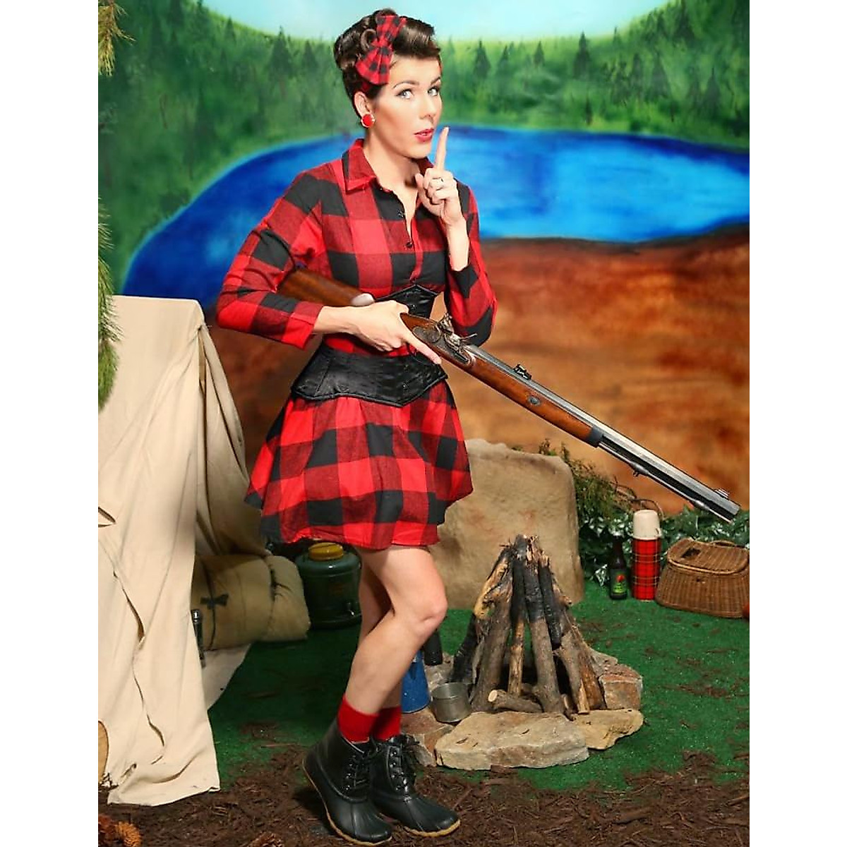 FANCYINN Womens Christmas Plaid Dresses Flannel Button Down Long Sleeve Shirt Dress Winter Casual Dresses Mini Dress with Belt Red M