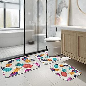 Kntiline Pineapple Bathroom Rugs and Mess Colorful Graffiti Mats Sets 3 Piece, Velvet Memory Foam Tropical Fruit Theme Bath Mat, Large Small and U-Shaped Contour Shower Mat Non-Slip Washable