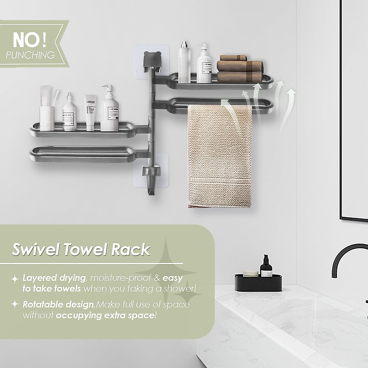 Pysrych No Drill Swivel Towel Rack Wall Mounted 4-Arm Towel Bar ABS Self-adhesive Towel Holder with Hook for Bathroom Shower Kitchen Grey