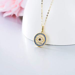 SISGEM 14K Real Gold Evil Eye Necklaces for Women, Yellow Gold Halo Pendant with Fine 5A Cubic Zirconia Lucky Protection Jewelry Gifts for Her, Wife, Mom 16-18 Inch