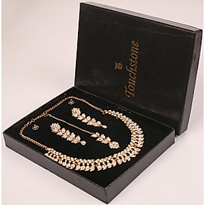 Touchstone Hollywood Glamour white crystals paisley motif grand jewelry necklace in antique tone for women (D298 Gold - 2)