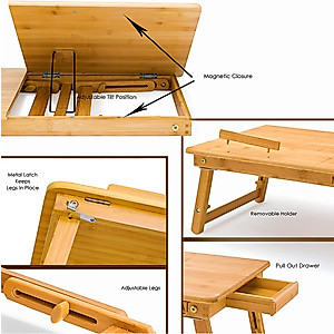 Morvat Bamboo Folding Laptop Lap Desk with Tilting Surface & Magnetic Drawer, Adjustable Writing Table & Bed Tray for Bedroom, Office & Couch, Holds Books Phones & Tablets, Includes Drawing Sketchpad