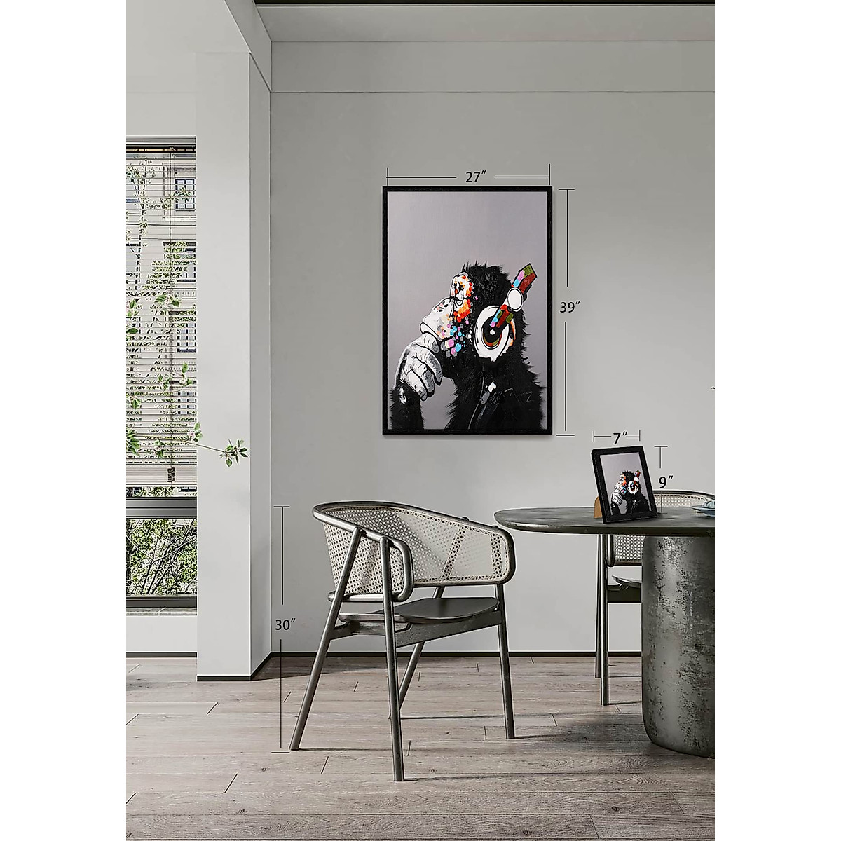 Modern Pop Art Decor - Framed - Thinking Monkey With Headphones Canvas Print Home Decor Wall Art, Gallery Wrap Inner Frame, 24x24