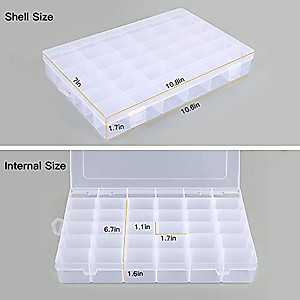 VIUJUH 36 Grids Clear Plastic Bead Organizer Jewelry Storage Box for Bead Storage, Felt Board Letters, Fishing Tackle, Loom Bands, Craft, Rock Collection with Adjustable Dividers (4 Packs)