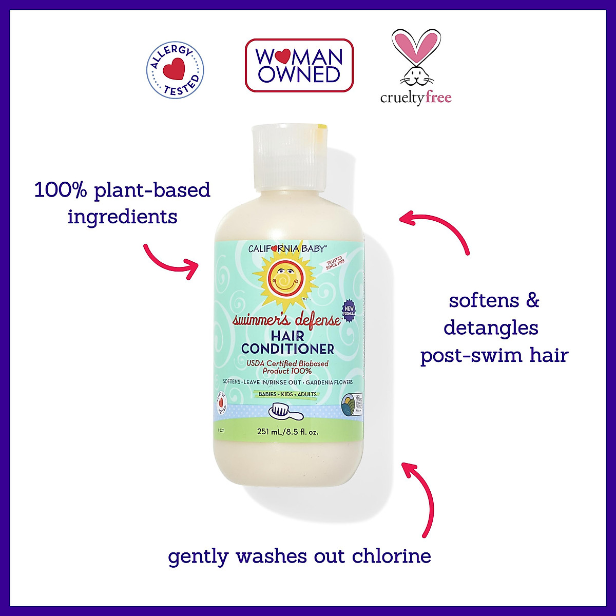 California Baby Swimmer's Defense Hair Conditioner | After Swim Kids Conditioner | Washes Out Chlorine | Softens & Detangles Hair | 100% Plant-Based | Allergy-Friendly | 251 mL / 8.5 oz.