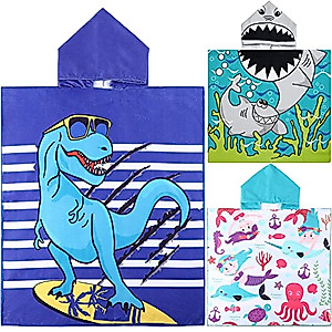 3 Pack Kids Hooded Towel 47 x 24 Inch Baby Beach Bath Towel for Girls Boys Thicker Toddler Swim Towels Ponchos with Hood Cotton Pool Bath Towels Poncho for 1-7 Years (Shark, Dinosaur)