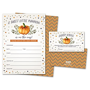 Koko Paper Co Sweet Little Pumpkin on the Way Baby Shower Invitations and Diaper Raffle Tickets | 25 Invitations + 25 Bright White Envelopes + 25 Diaper Raffle Tickets | Made in the U.S.A